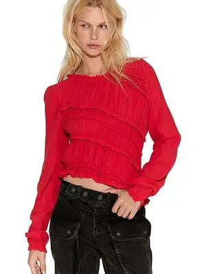 Free People Ruched Long Sleeve Top - Fiery Red