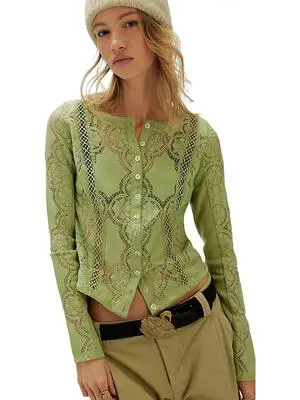 Free People Jae Sheer Lace Knit Long Sleeve Top - Soft Moss
