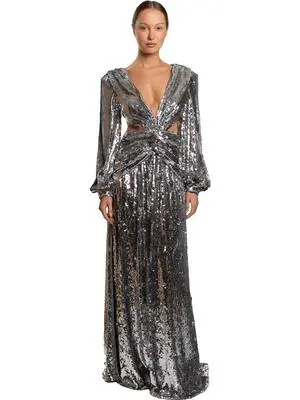 PatBO Moonlight Sequin Long Sleeve Dress - Silver