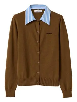 Miu Miu Cashmere Cardigan With Detachable Collar Tobacco/celeste
