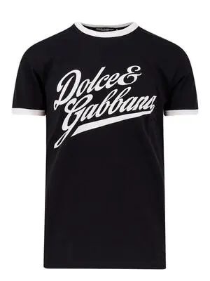 Dolce & Gabbana Cotton Tshirt With Flocked Logo Print - Black