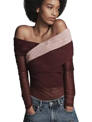 SOVERE / Cascade Long-sleeve Off-shoulder Mesh Top - Plum