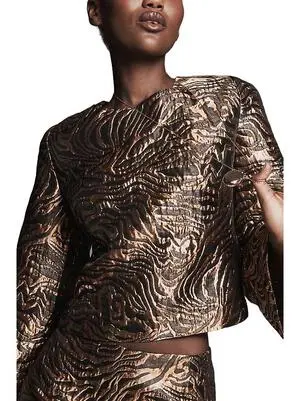 English Factory Bell-sleeve Zebra Print Top - Gold Metallic