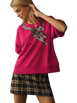 Maeve Sequin Bow Sweatshirt Cerise