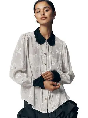 Maeve Printed Long-Sleeve Buttondown Blouse Latte Foam