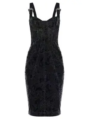 Versace Buckled Floral-pattern Midi Cocktail Dress - Black