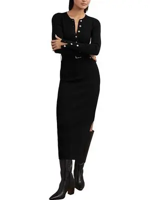 REISS Willow Button Knitted Midi Dress - Black