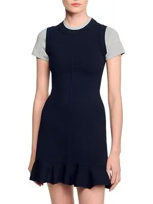 Sandro Contrast Short Sleeve Knit Dress - Navy Blue