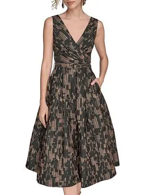 Donna Karan New York Pleated Brocade Dress - Black/ Gold Multi