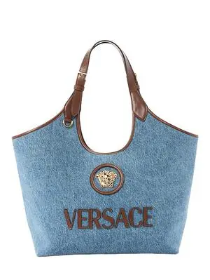 Versace La Medusa & Leather Tote - Denim