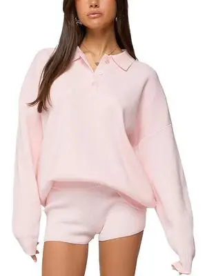 EDIKTED Oversized Knit Polo Sweater - Light-pink