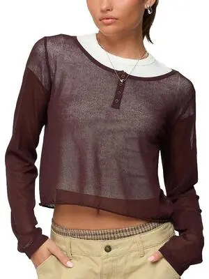 EDIKTED Kilian Sheer Knit Henley Top - Brown