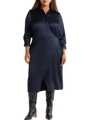 Nordstrom Satin Long Sleeve Shirtdress - Navy Night