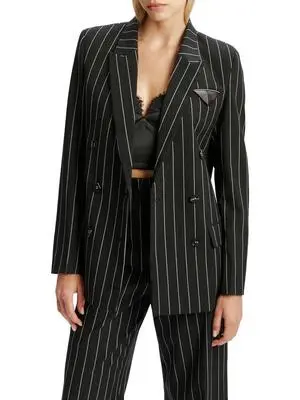 Bardot Sloane Oversize Pinstripe Double Breasted Blazer - Black Stripe