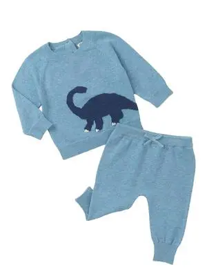 HATLEY Dinosaur Cotton Crewneck Sweater And Sweater Knit Joggers Set - Turquoise
