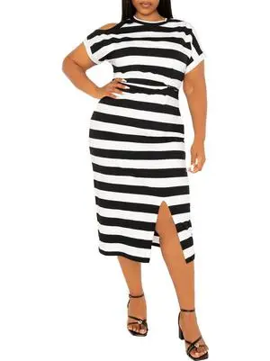 BUXOM COUTURE Stripe Cold Shoulder Jersey Midi Dress - Black Stripe
