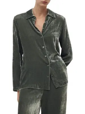 Mango Velvet Button-up Shirt - Green