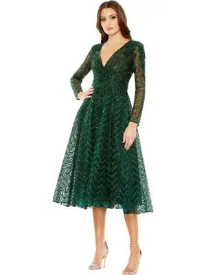 Mac Duggal Embellished Long Sleeve Wrap Over Dress - Green