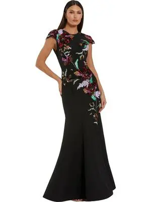 Mac Duggal Floral Sequin Embellished Trumpet Gown - Black Multi