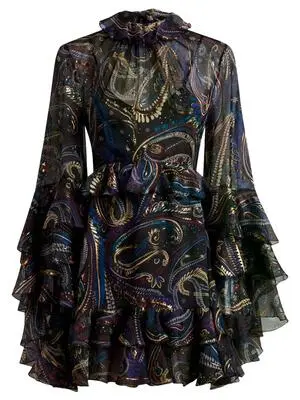 Etro Silk Mini Dress With Paisley Foliage Motif And Ruffles - Black