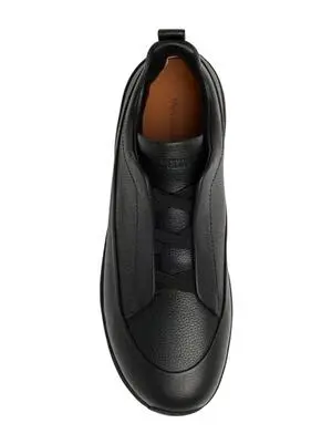 Zegna Triple Stitch Grained Leather Slip-on Sneakers - Black