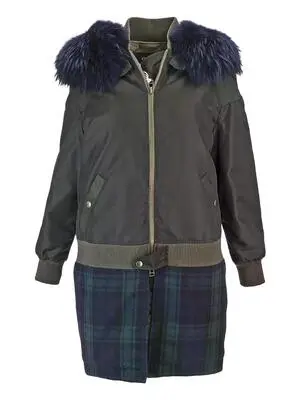Mr & Mrs Italy Faux Fur-collar Plaid Coat - Green