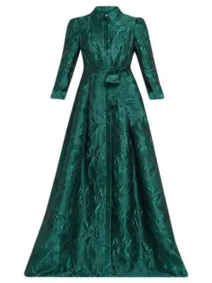 Rickie Freeman For Teri Jon Metallic Jacquard Floral Shirt Gown - Emerald