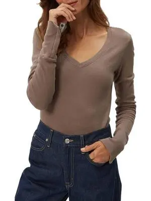Michael Stars Dinah Cotton & Modal Waffle Knit Top - Cobblestone W/nude Tape