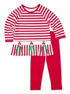 FLORENCE EISEMAN Knit Tunic And Leggings Set With Holly Appliqu - Red/ Green/ White