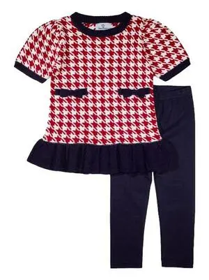 FLORENCE EISEMAN Houndstooth Sweater Tunic Set With Bows - Red/ White/ Navy