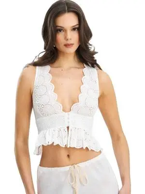 MISS CIRCLE Raia Eyelet Wave Trim Crop Vest Top - White