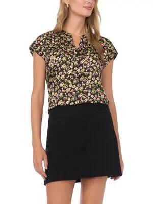 Vince Camuto Floral Split-neck Top - Rich Black