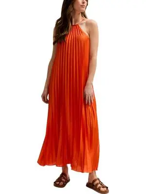 LILY AND LIONEL Philomena Halter Neck Pleated Maxi Dress - Orange