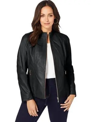 JESSICA LONDON Zip Front Leather Jacket - Black