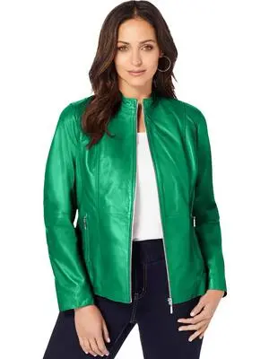 JESSICA LONDON Zip Front Leather Jacket - Kelly Green