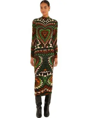 Farm Rio Heart Deco Long Sleeve Jersey Midi Dress - Heart Deco Green