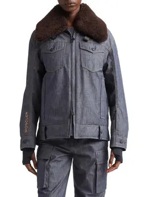 Moncler Yunque Denim Down Trucker Jacket With Shearling Collar - Blue