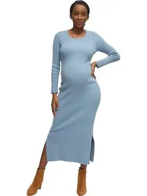 INGRID & ISABEL Long Sleeve Ribbed Maternity Midi Dress - Blue Gray
