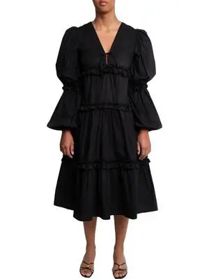 THE LULO PROJECT Long Sleeve Stretch Cotton Midi Dress - Black