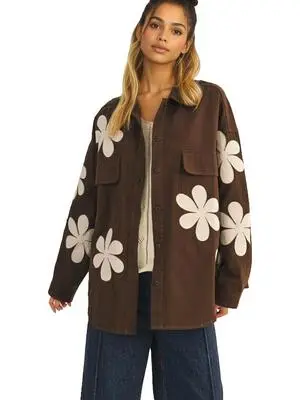 KNIT & LOUNGE Floral Appliqué Shirt Jacket - Brown/floral