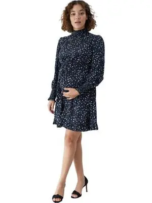 Ingrid & Isabel® Maternity Smocked Mock Neck Mini Dress - Black/white Dot