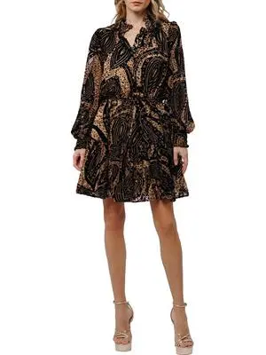 CIEBON Metallic Abstract Print Long Sleeve Dress - Black