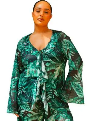 FASHION-SZN CURVE Palm Print Ruffle Top - Green