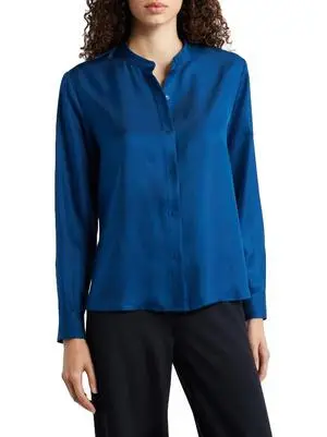 Eileen Fisher Mandarin Collar Silk Button-up Shirt - Atlantis