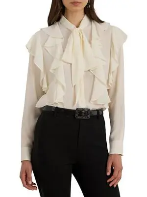 Ralph Lauren Tie Neck Ruffle Top - Mascarpone Cream