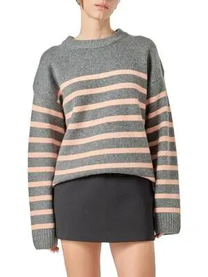 English Factory Striped Crewneck Relaxed Sweater - Heather Grey/salmon
