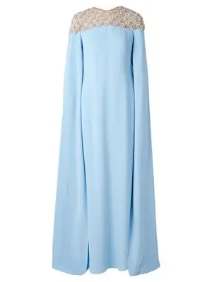 Oscar De La Renta Cape-effect Embellished Tulle-trimmed Georgette Gown - Blue