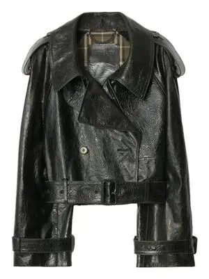 Burberry Cropped Embossed Leather Trench Jacket - Moat Green