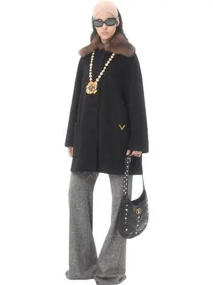 Valentino Garavani Wool Drap Coat With V Gold - Black