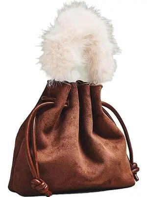Anthropologie Cinched Suede Faux Fur Bucket Bag - Chocolate